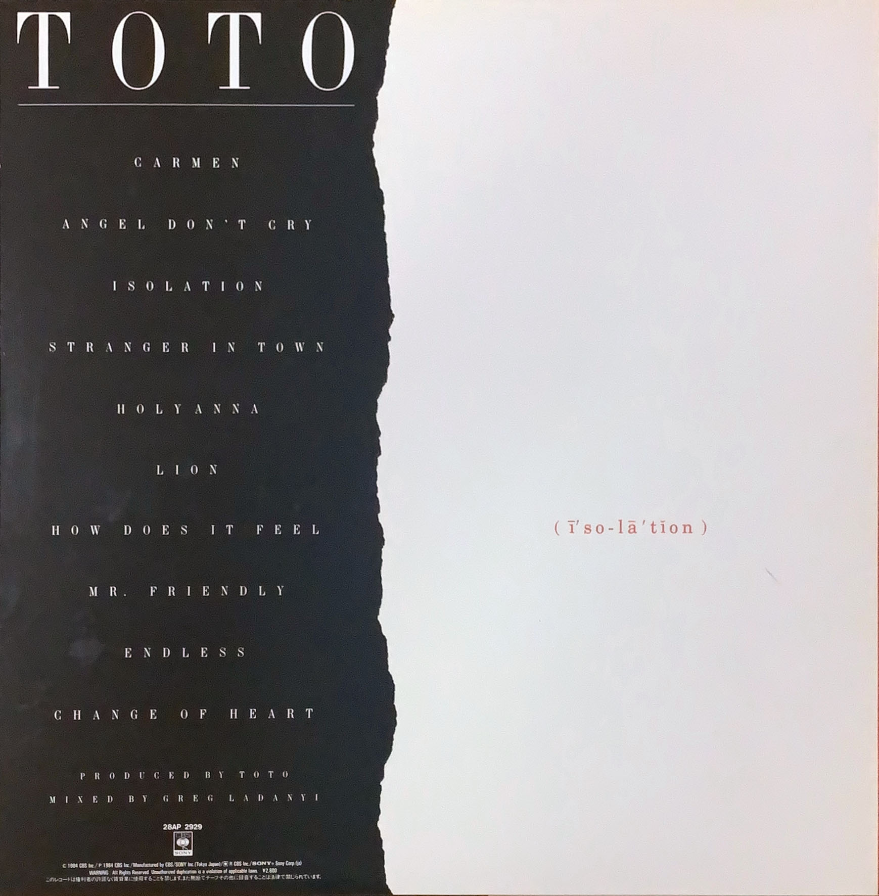 Isolation / アイソレーション [LP] - TOTO - bar chiba Music Store